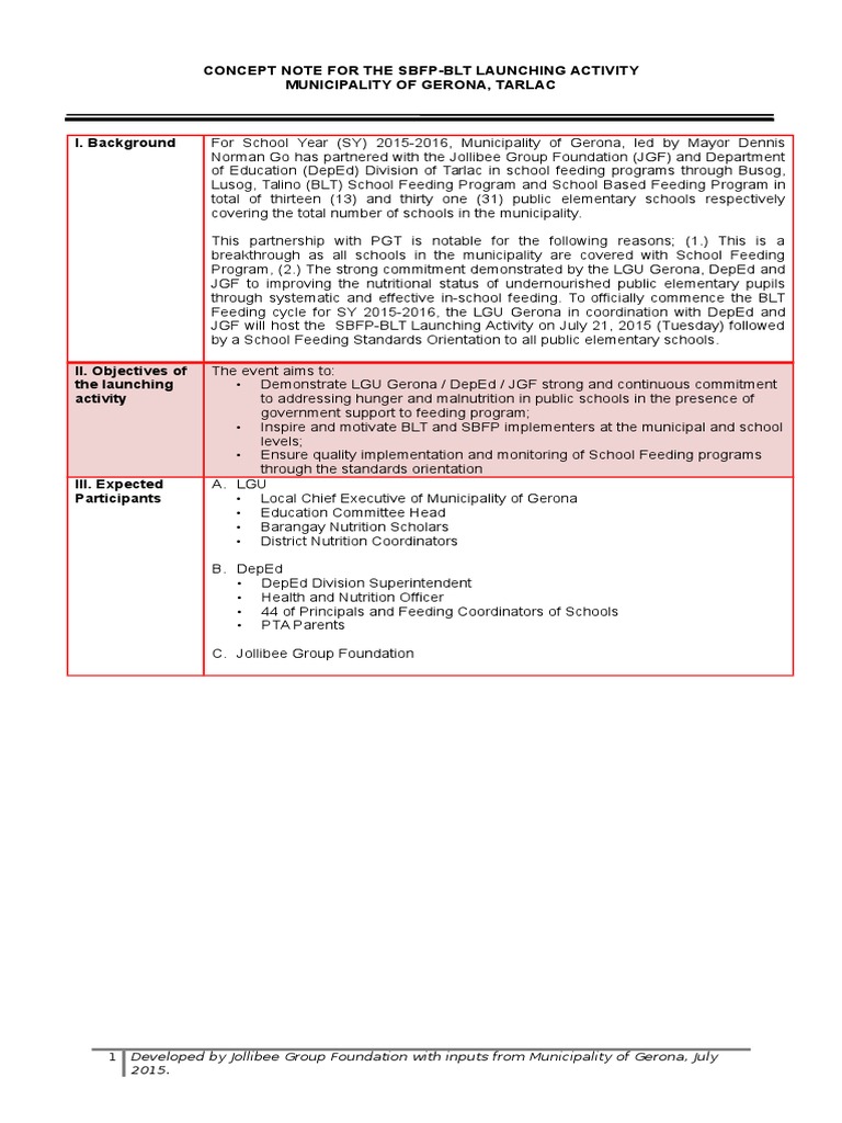 Event Brief SBFP BLT Brief For Launching Activity in Gerona | PDF ...