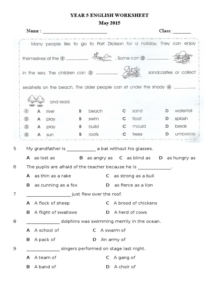 Year 5 English Worksheet Paper 1 | PDF | Leisure