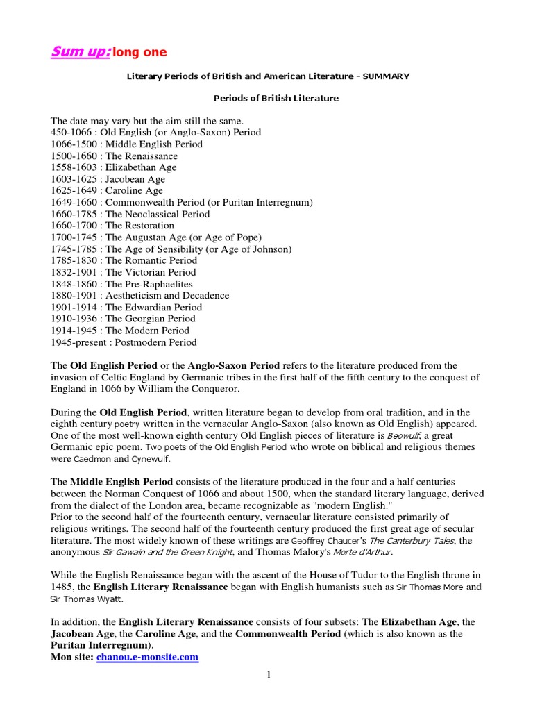 1 Literary Periods of British and American Literature 1 1 | PDF ...