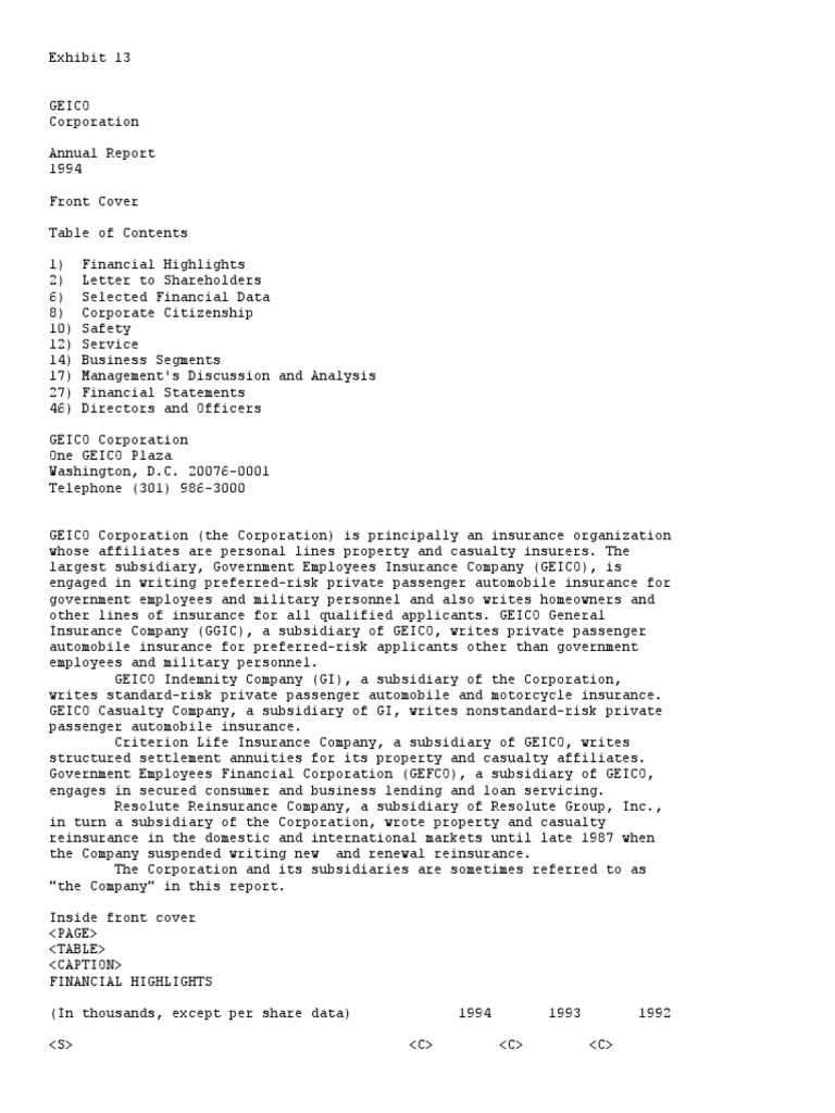 Geico 1995 Annual Report | PDF | Insurance | Dividend