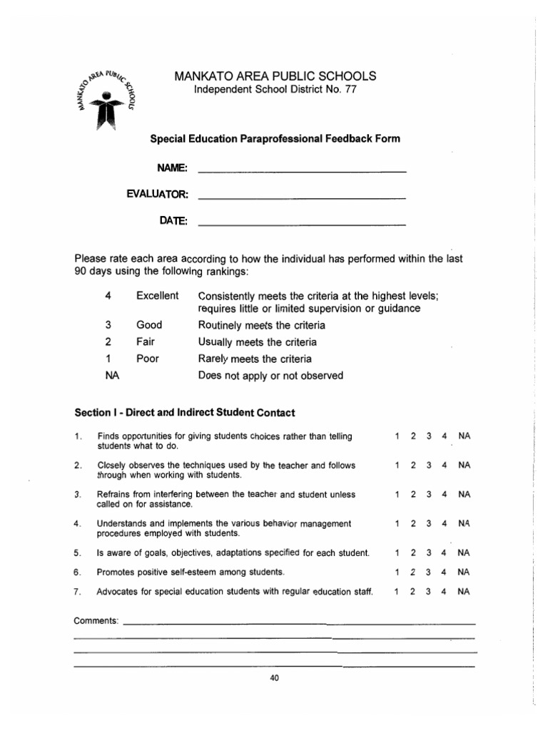 Paraprofessional Feedback Form | PDF | Special Education | Psychology