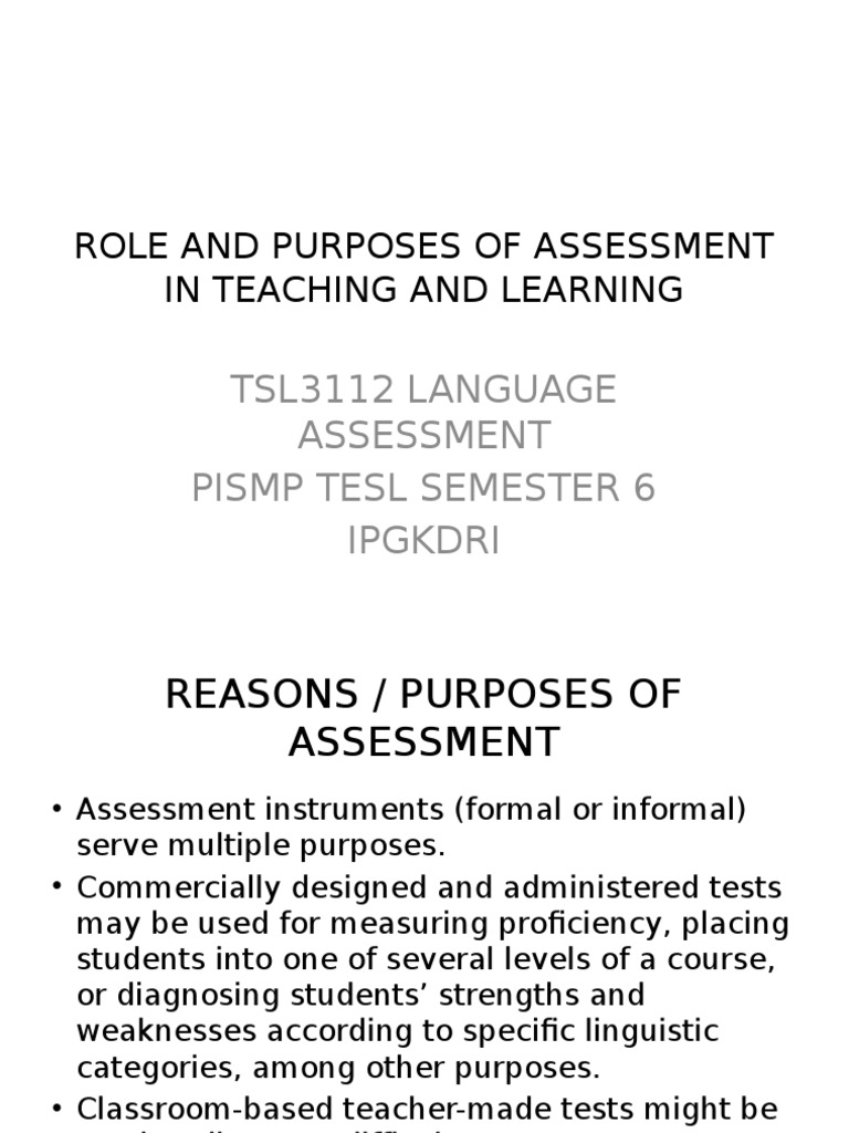 2 - Role and Purposes of Assessment in Teaching and Learning 1 | PDF ...