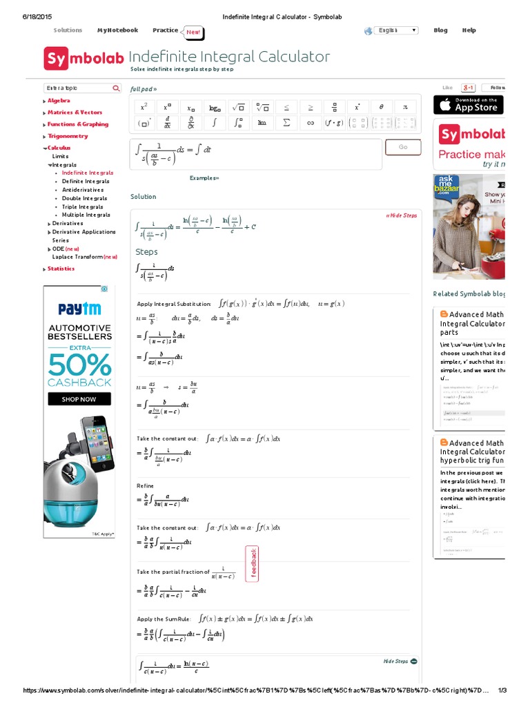 Indefinite Integral Calculator Symbolab PDF Integral Derivative