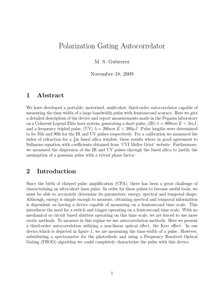 Polarization Gating Autocorrelator | PDF | Dispersion (Optics) | Optics