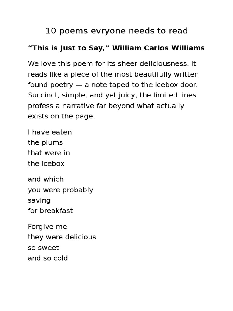 "This Is Just To Say," William Carlos Williams | PDF | Poetry