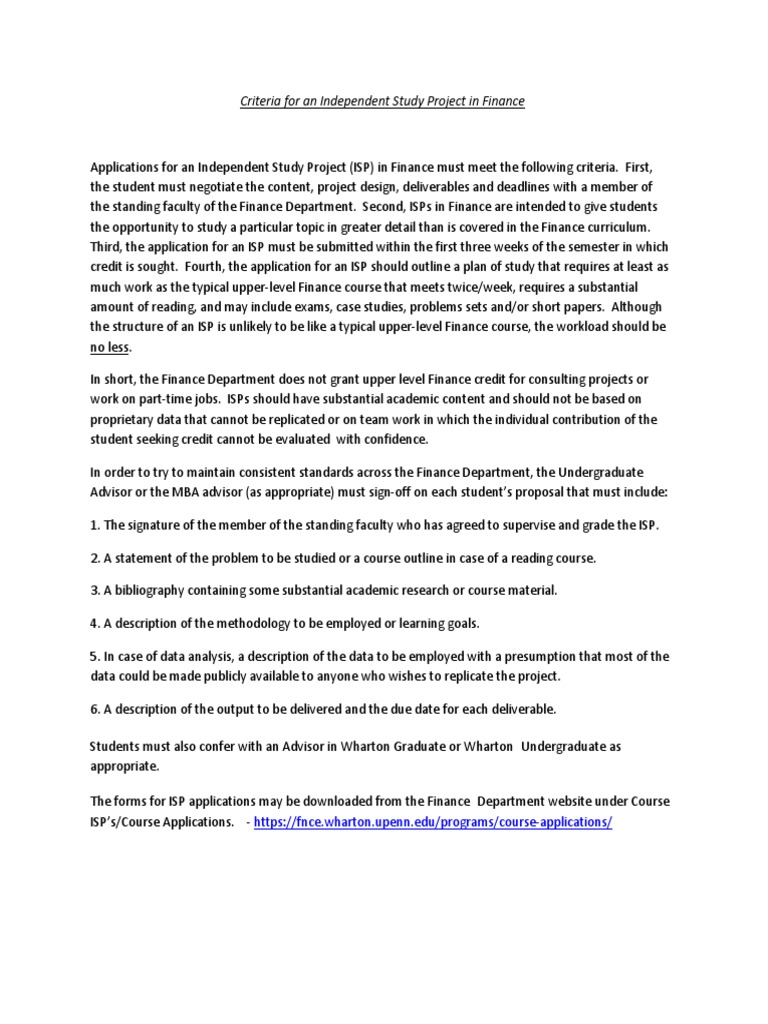 Independent Study Project Criteria in Finance | PDF