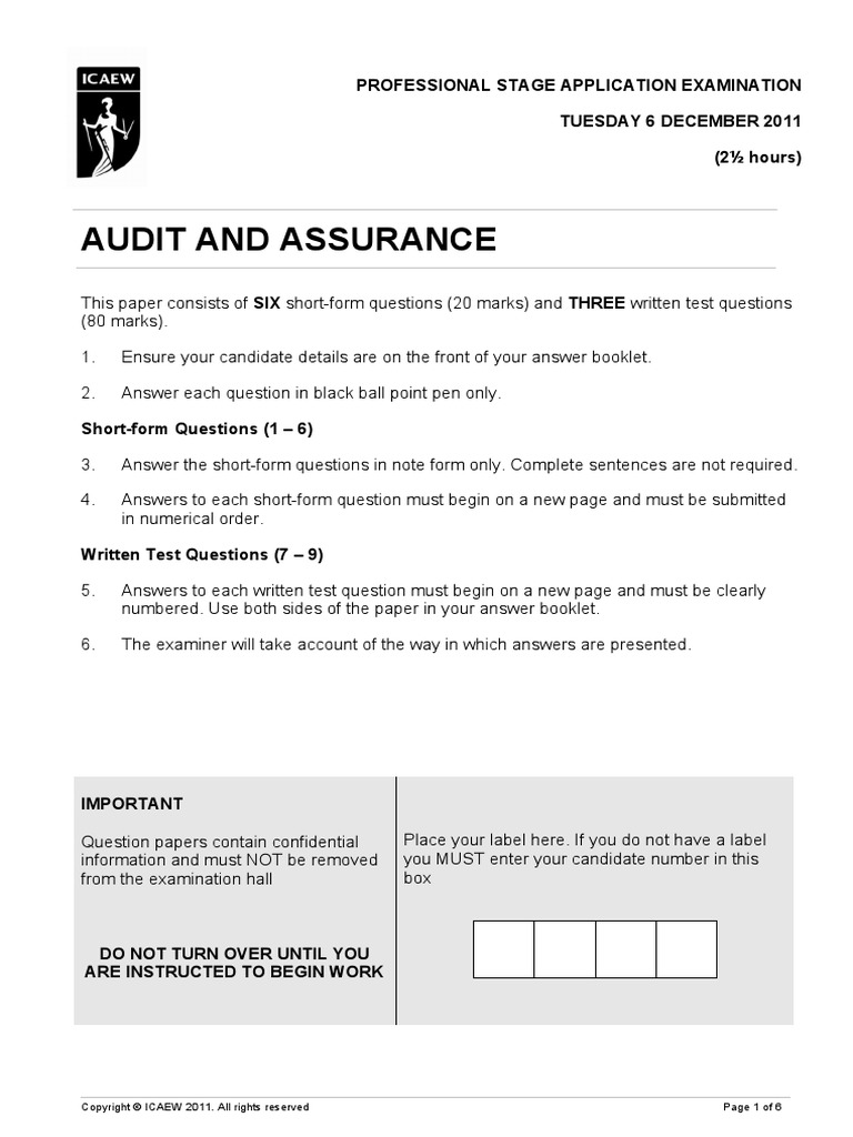 Audit and Assurance December 2011 Exam Paper, ICAEW | Inventory ...