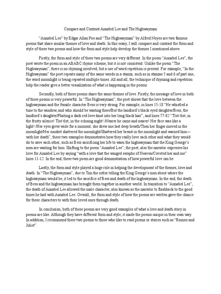 Compare and Contrast Annabel Lee and The Highwayman | PDF | Poetry