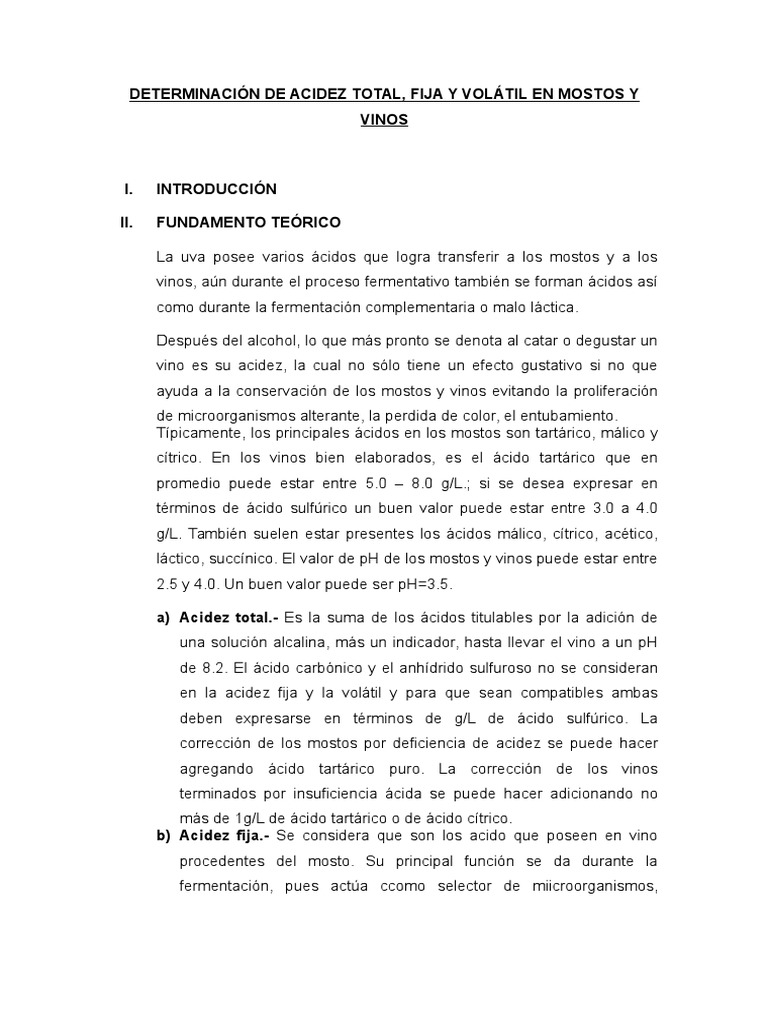 Determinación de Acidez Total, Fija y Volatil | PDF | Vino | Ácido