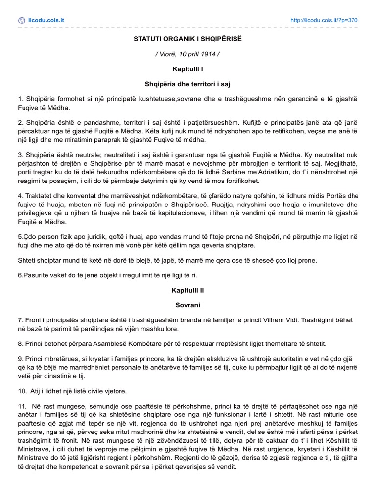 Statuti Organik I Shqipërisë 1914 | PDF