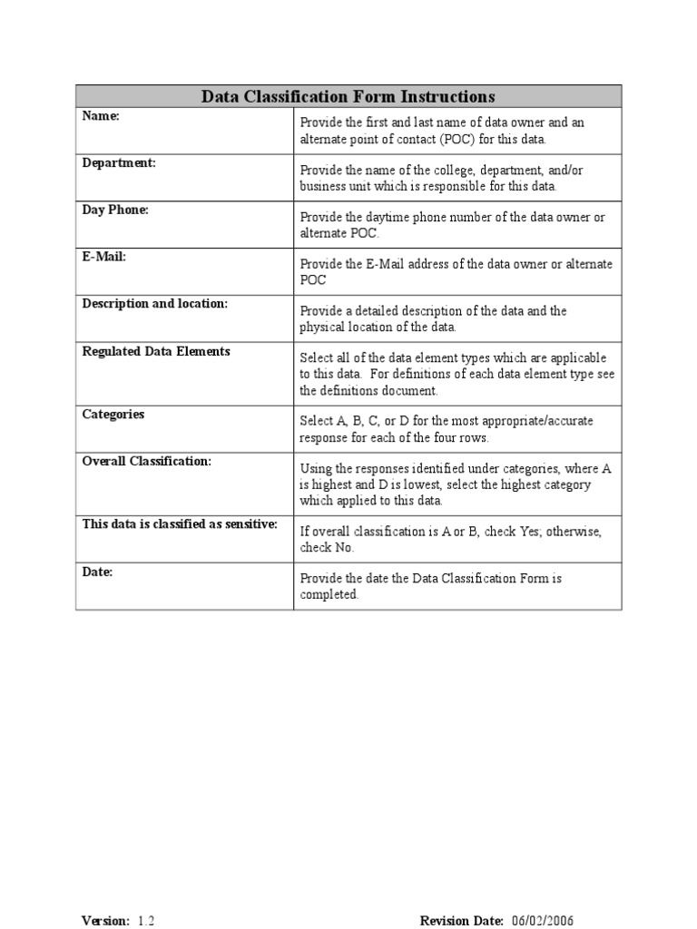 Data Classification Form Instructions: Name | PDF