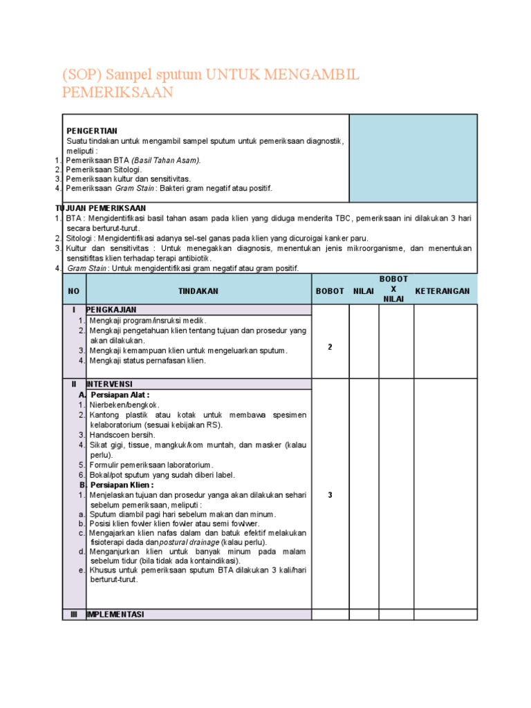 SOP Pengambilan Sampel Sputum | PDF