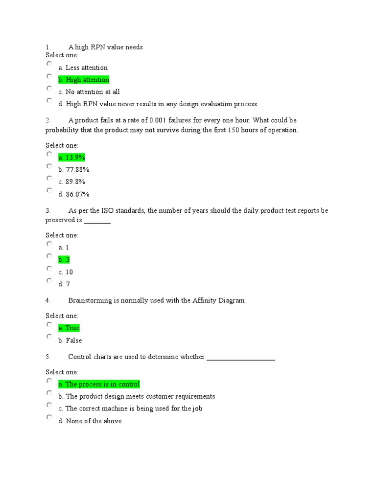 Quality Control and FMEA Quiz | PDF | Experiment | Design Of Experiments
