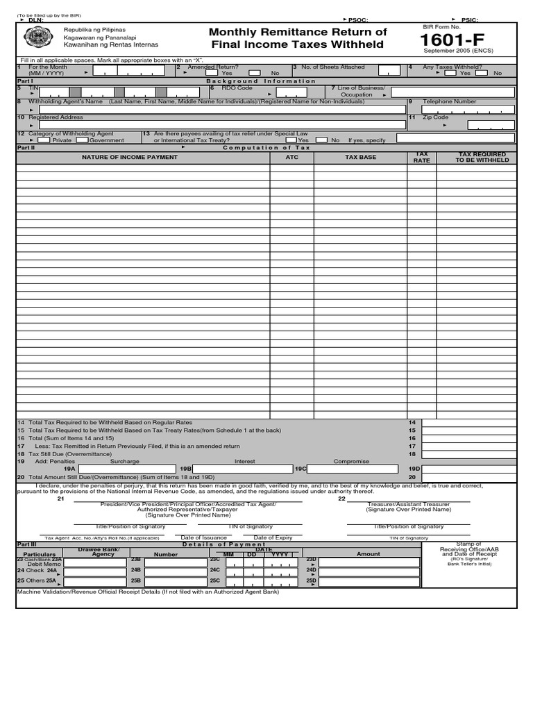 Bir 1601f | PDF | Withholding Tax | Internal Revenue Service
