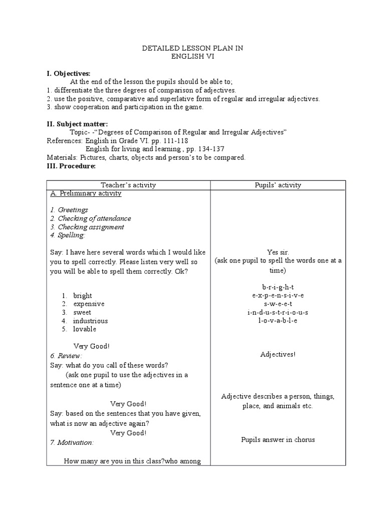 Teacher Applicant- Leo Detailed Lesson Plan In | Lesson Plan | Adjective