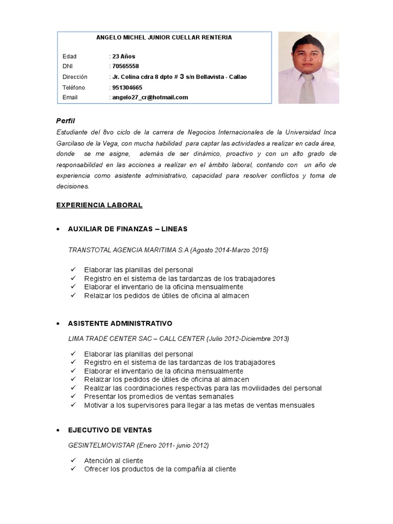 CV Angelo 2015 | PDF | Servicio al Cliente | Centro de llamadas