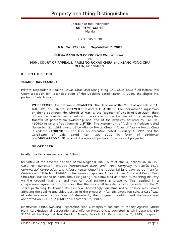 China Bank vs. Chua: Property Rights Case | PDF | Assignment (Law ...
