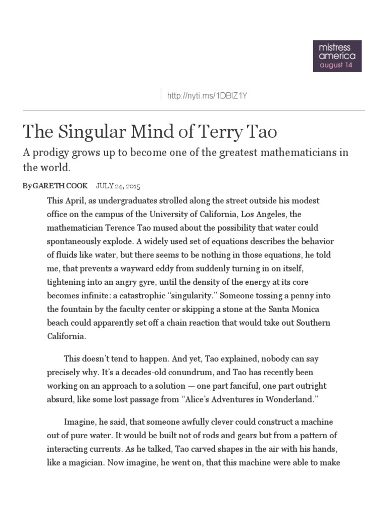 The Singular Mind of Terry Tao - The New York Times | PDF | Prime Number | Teaching Mathematics