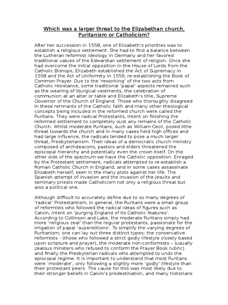 Which Was A Larger Threat To The Elizabethan Church, Catholicism or ...