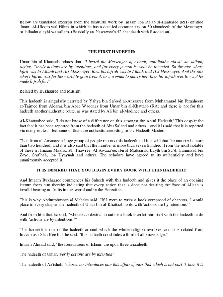 Commentary on Key Hadith: Intentions | PDF | Hadith | Prophets And ...