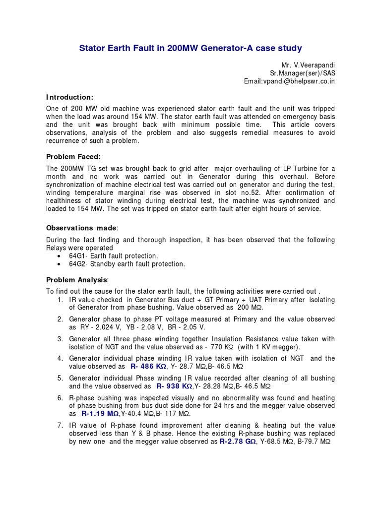Stator Earth Fault in 200MW Generator | PDF | Electric Generator ...