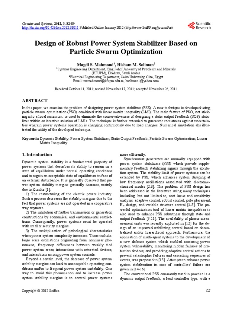Design of Robust Power System Stabilizer Based On Particle Swarm Optimization | PDF ...