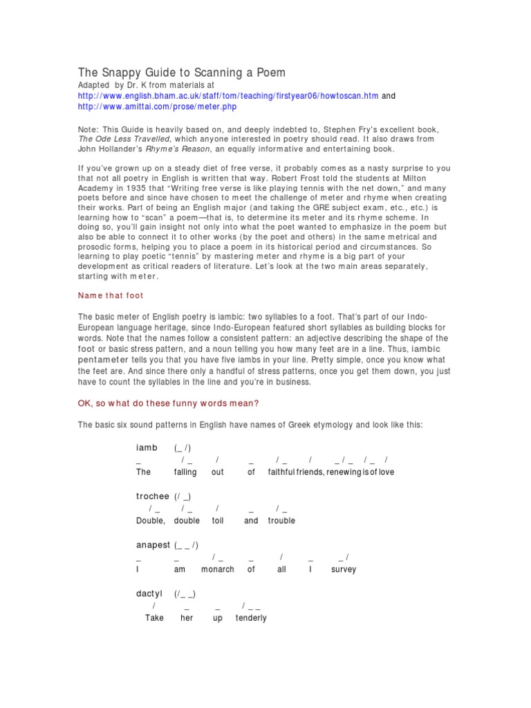 Snappy Guide To Scanning A Poem | PDF | Metre (Poetry) | Poetry