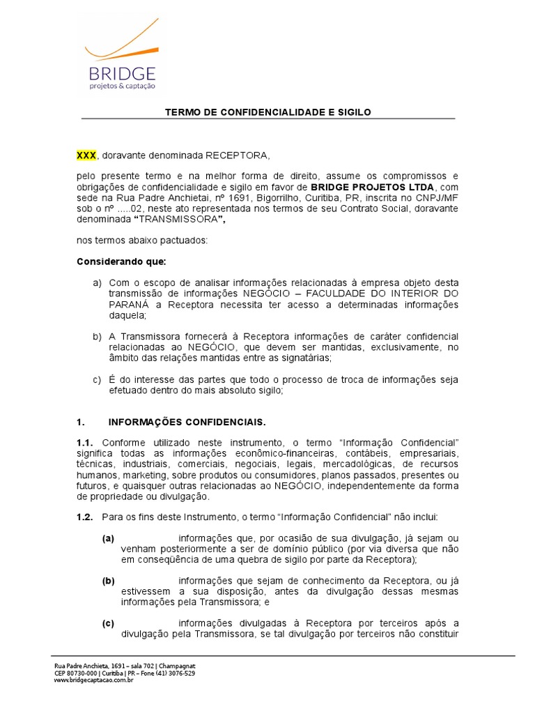 Bridge - NDA - Acordo de Confidencialidade - Modelo - 20150716 | PDF ...