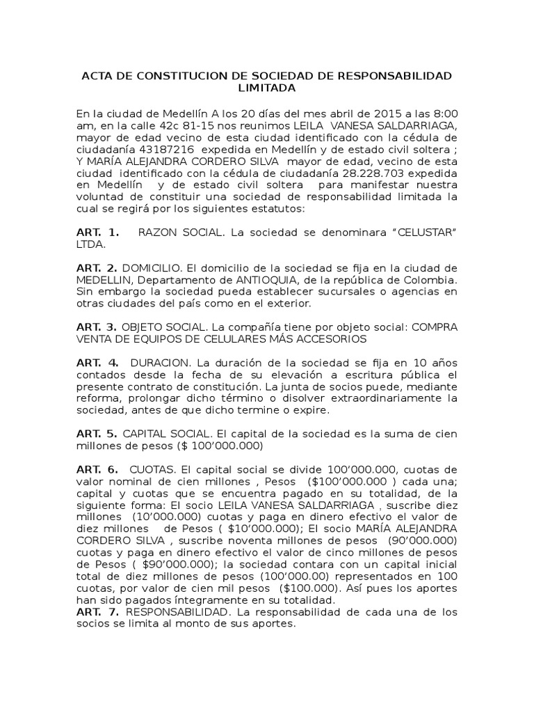 Acta de Constitucion de Sociedad de Responsabilidad Limitada | Liquidación | Gobierno