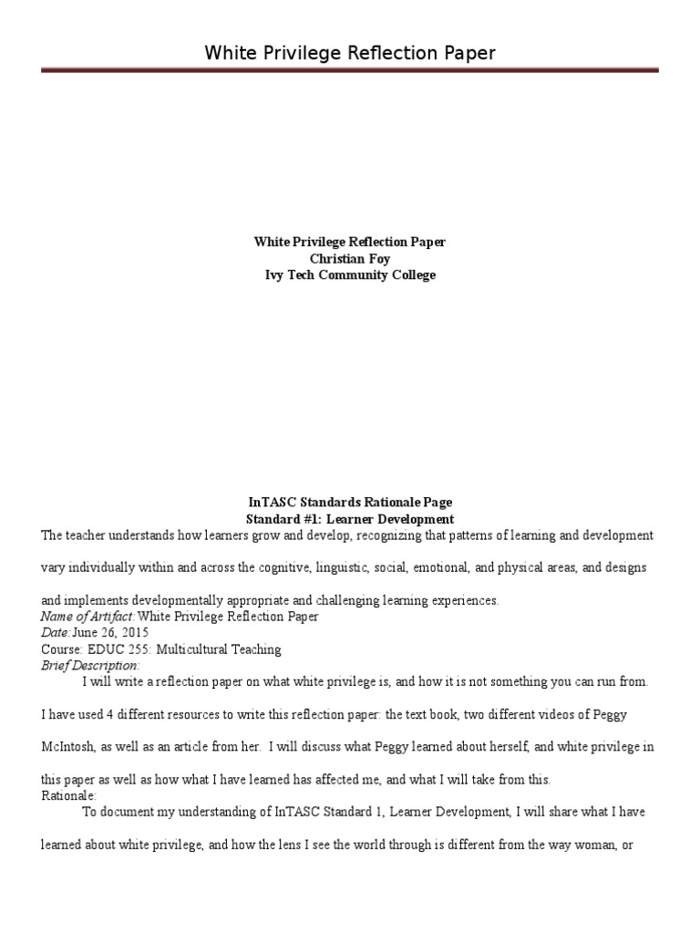 White Privilege Reflection Paper Christian Foy Ivy Tech Community ...