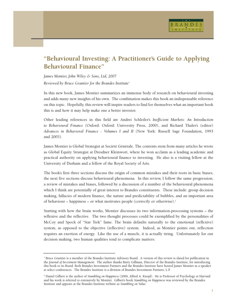 Behavioral Investing A Practitioner's Guide To Applying Behavioural ...