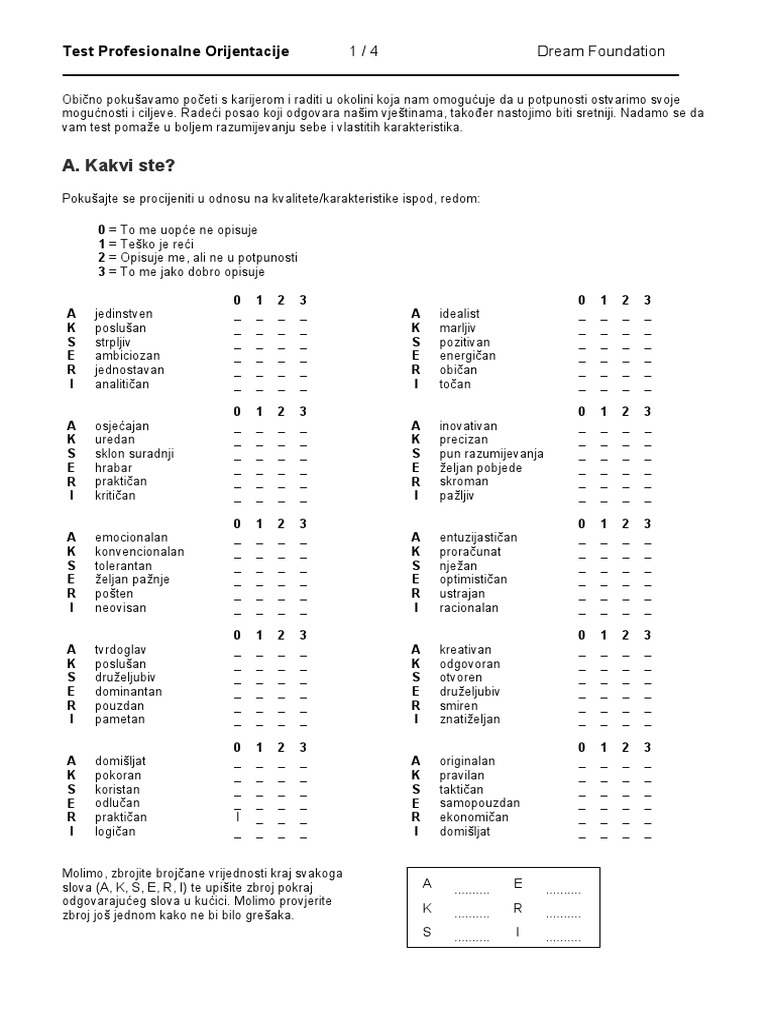 Test Profesionalne Orijentacije PDF | PDF
