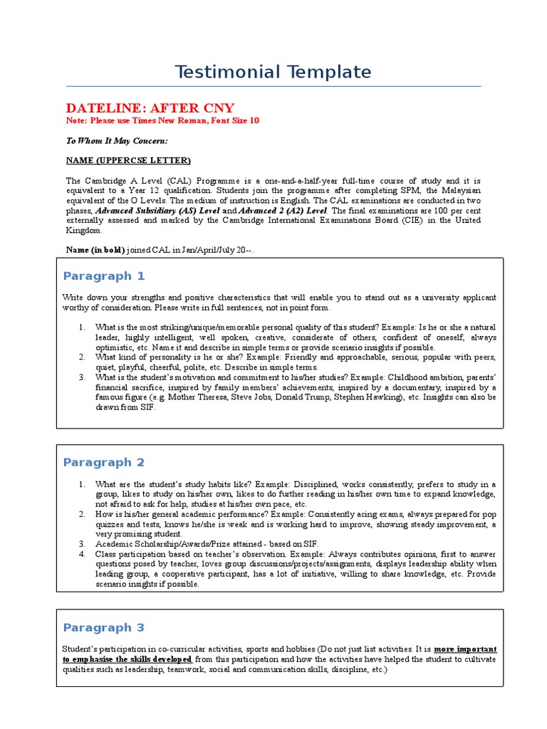 Testimonial Template: Dateline: After Cny | PDF | Learning | Cognition