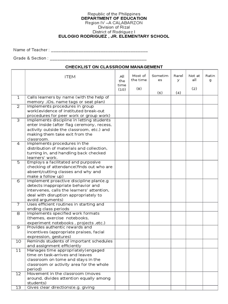 Appraisal Form... Checklist On Claasssroom Management | PDF | Classroom ...
