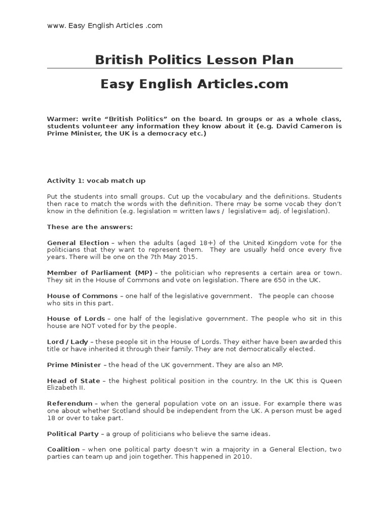 British Politics Lesson Plan for ESL | PDF | Conservative Party (Uk ...