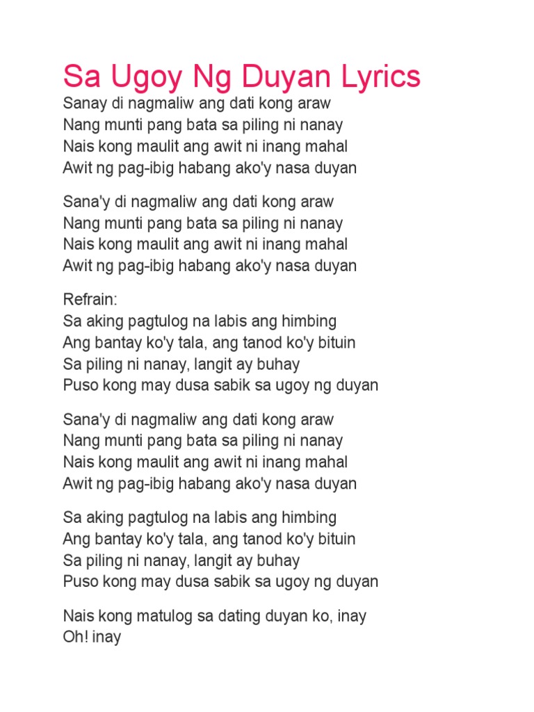 Sa Ugoy NG Duyan Lyrics | PDF