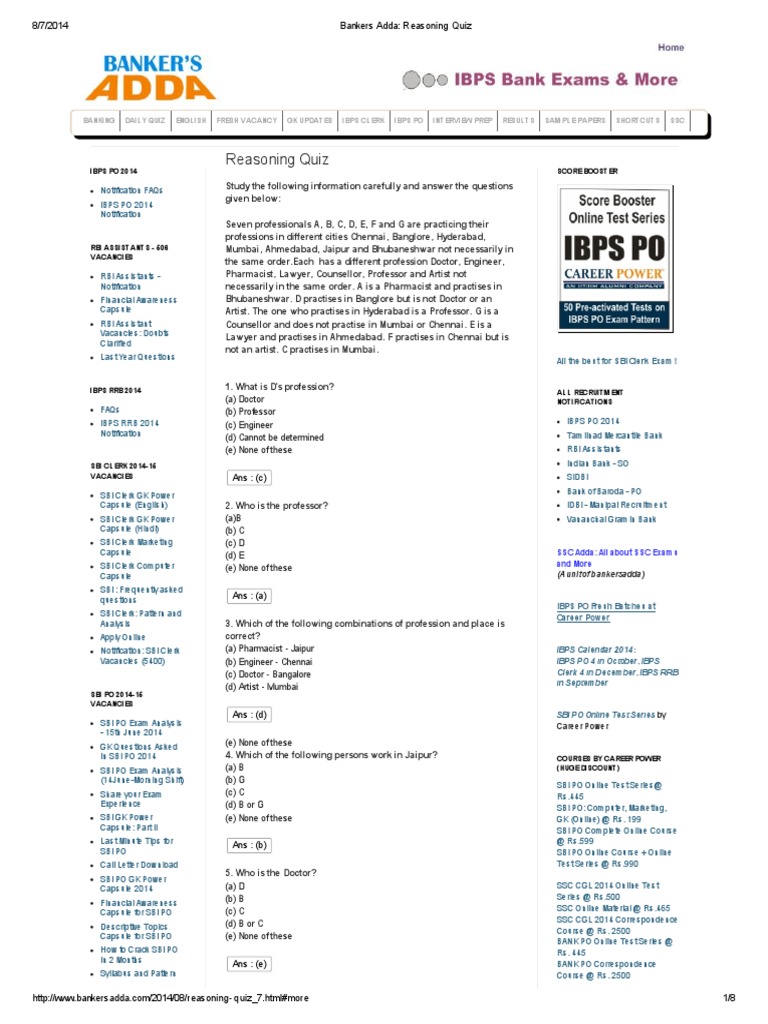 Bankers Adda - Reasoning Quiz | PDF | Test (Assessment) | Business