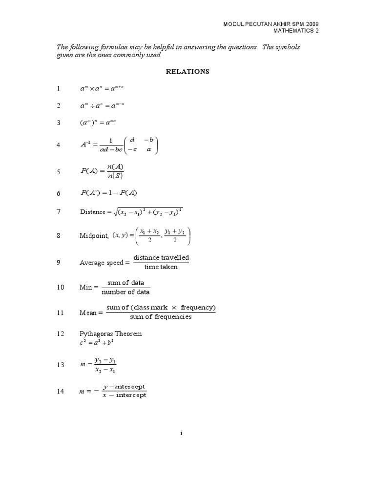 SPM 2009 Mathematics Formulas Guide | PDF