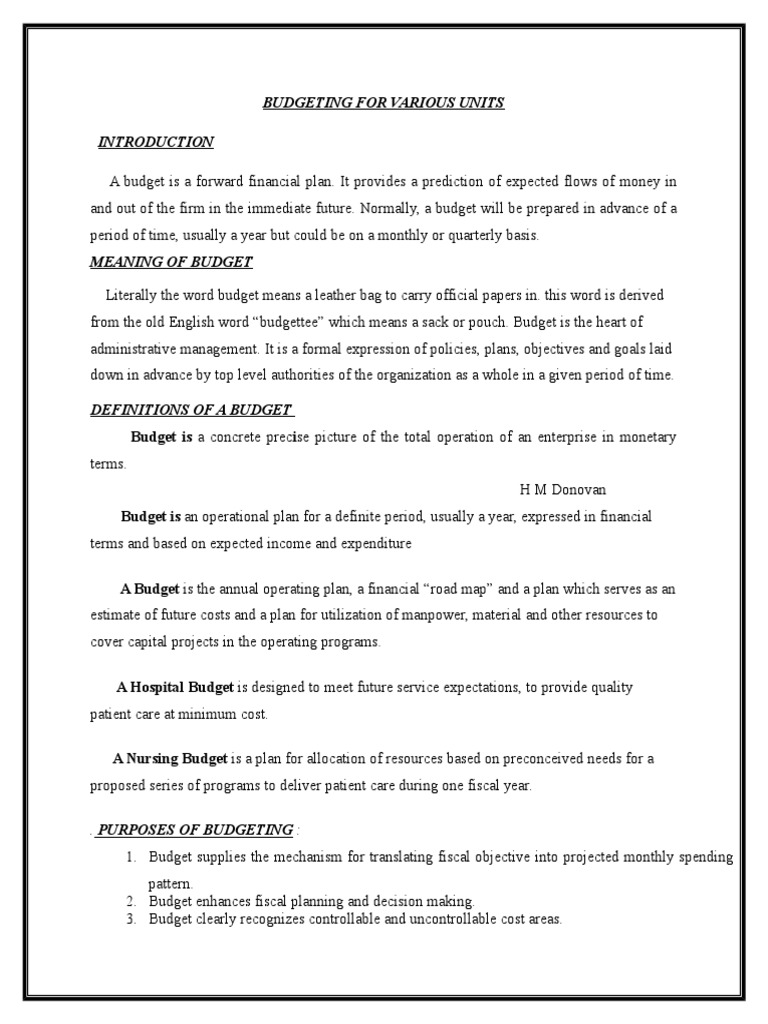 Budgeting for Various Units | Nursing | Budget