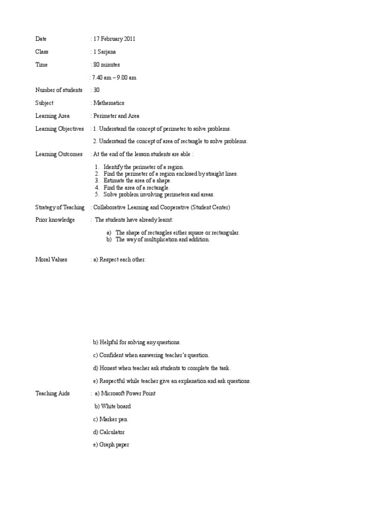 Perimeter and Area - Lesson Plan | PDF | Teaching Method | Teachers