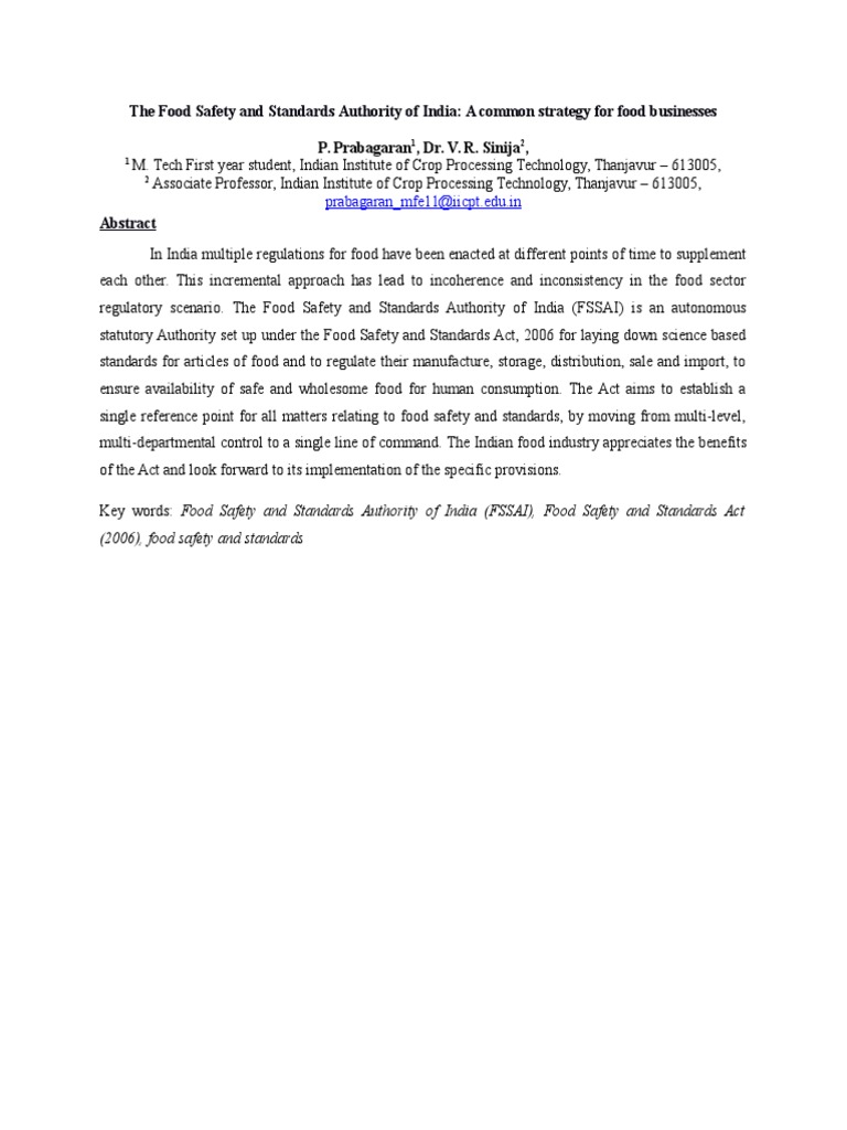 The Food Safety And Standards Authority Of India A Common Strategy For