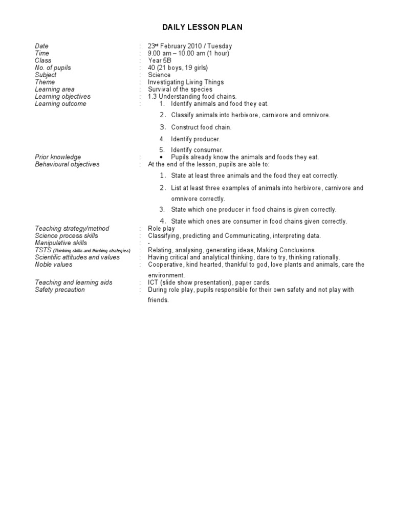 Year 5 Food Chain Lesson Plan | PDF | Herbivore | Learning