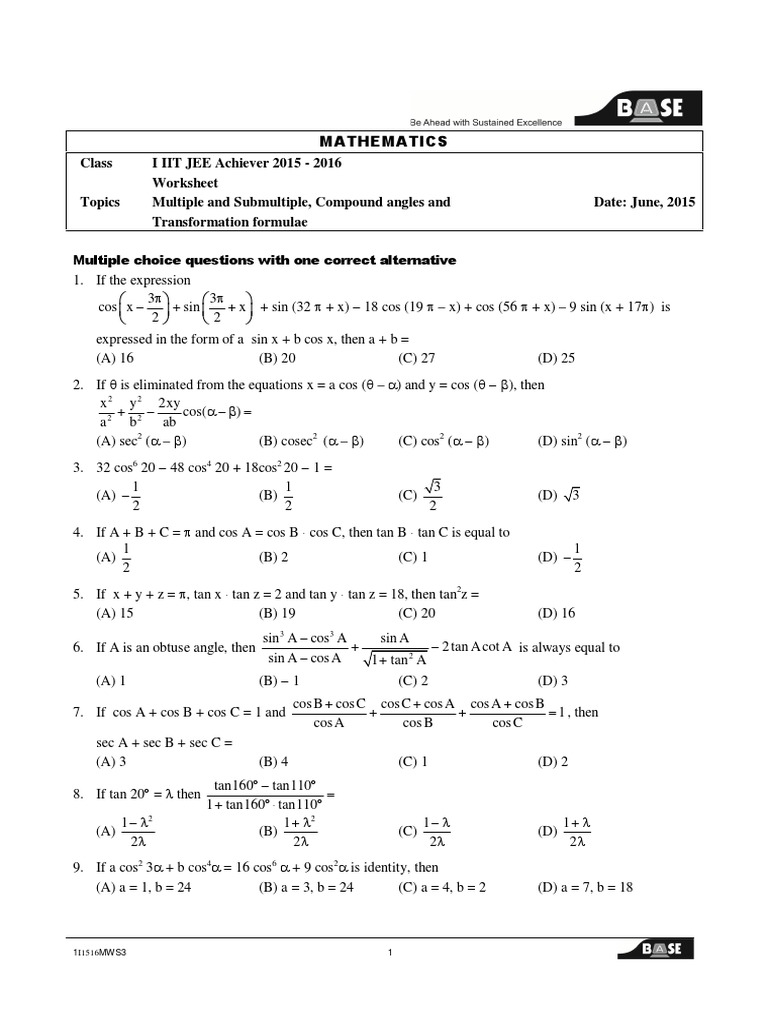 Trigonometry Worksheet | PDF | Trigonometric Functions | Sine