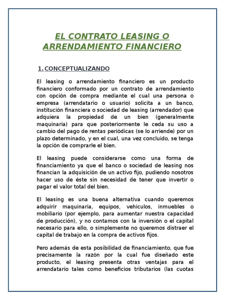 El Contrato Leasing o Arrendamiento Financiero | PDF | Arrendamiento ...