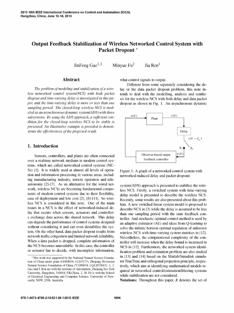 Output Feedback Stabilization of Wireless Networked Control System With Packet Dropout | PDF ...