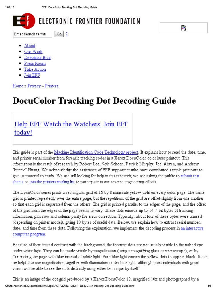 EFF - DocuColor Tracking Dot Decoding Guide | PDF | Printer (Computing) | Microscope