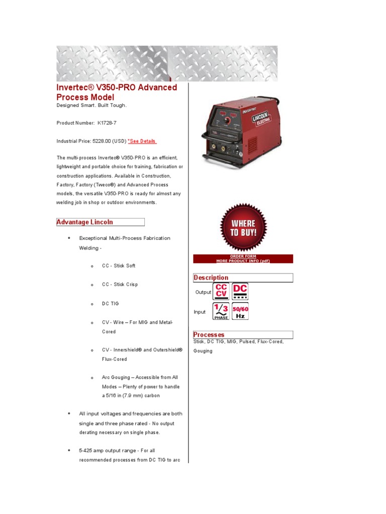 Invertec® V350-PRO Advanced Process Model: Advantage Lincoln | PDF ...