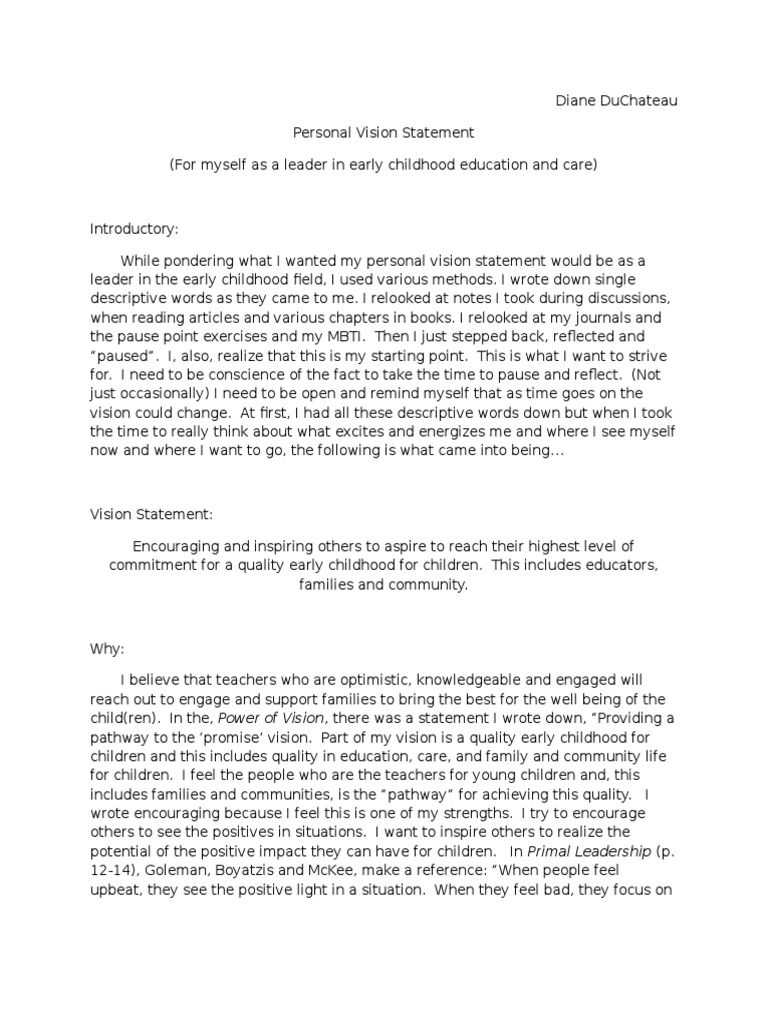 Personal Vision Statement | PDF | Early Childhood Education | Leadership