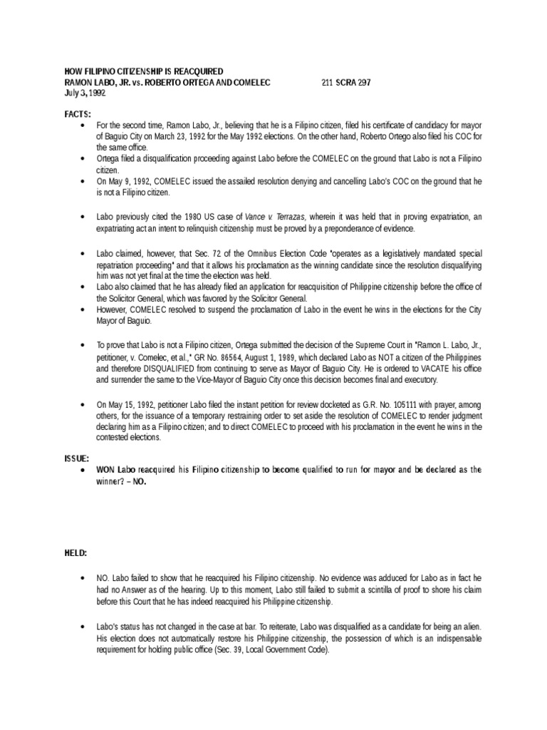 Conflict of Laws - Labo vs. COMELEC | PDF | Naturalization | Commission ...