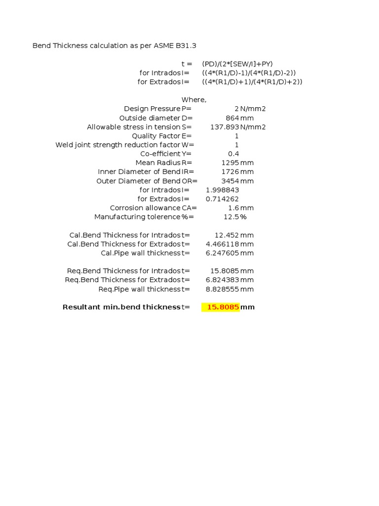 Calculation of Minimum Required Bend Thickness for a Pipe Based on ASME B31.3 Code Requirements ...